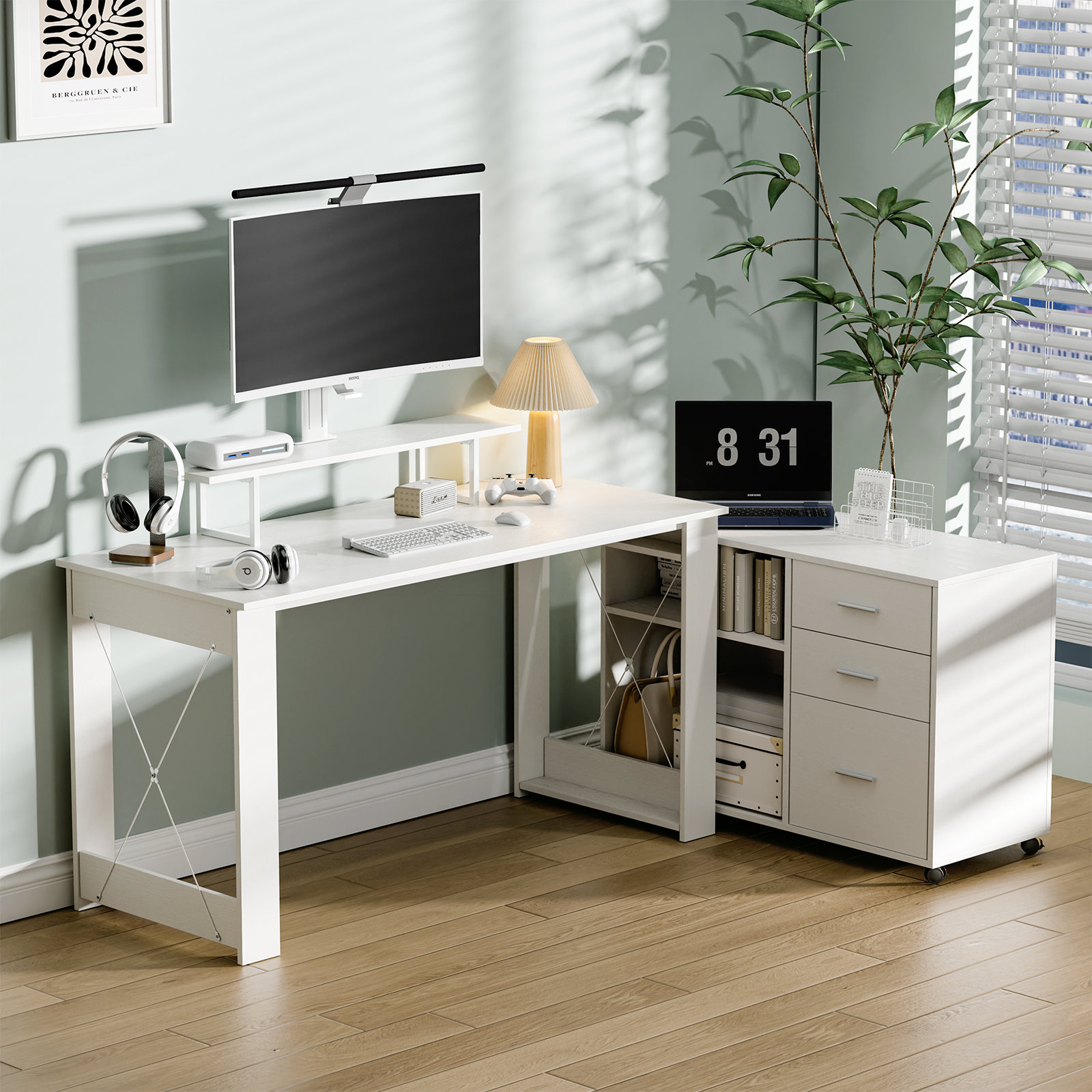 Latitude Run® Djerf 55" L-Shaped Wood Computer Desk Multi-Functional Desk with Storage Drawers ...